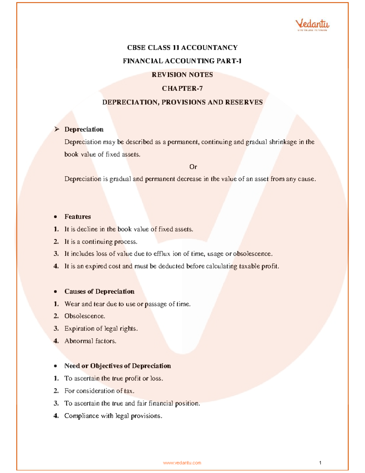 CBSE CLASS 11 ACCOUNTANCY REVISION NOTES: DEPRECIATION, PROVISIONS ...