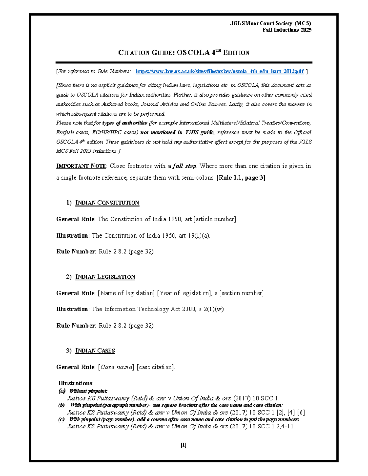 OSCOLA Citation Guide for JGLS MCS Fall Inductions 2025 - Studocu