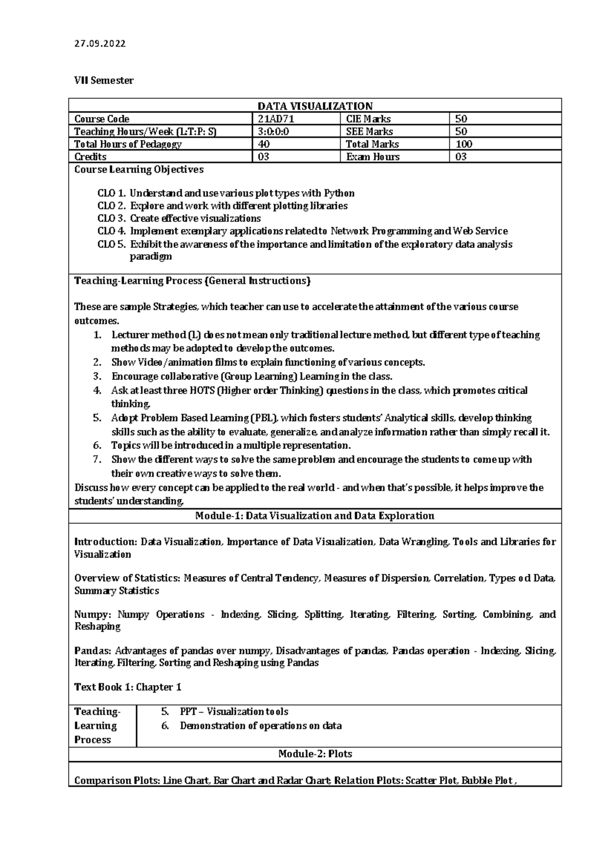 DATA VISUALIZATION Syllabus - Course Code 21AD71 for VII Semester - Studocu