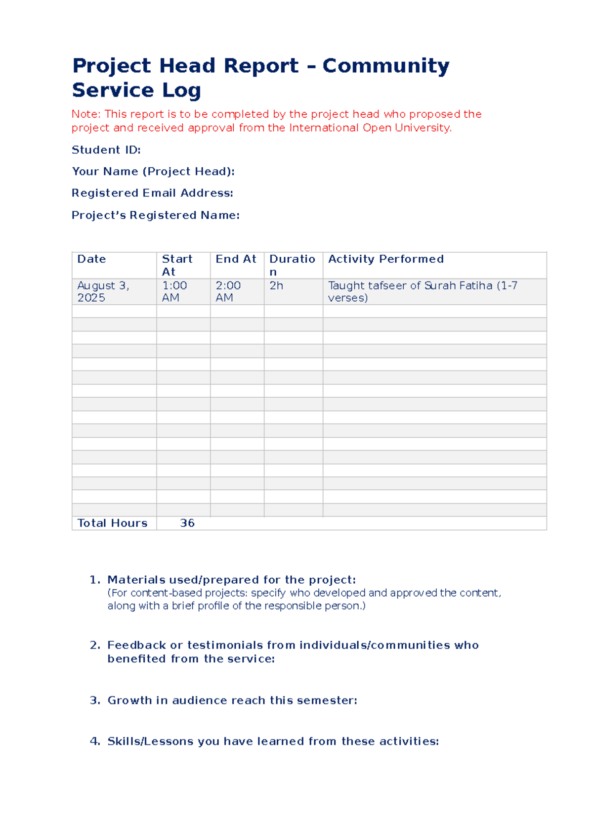 Project Head Report: Community Service Log for IOU - Studocu
