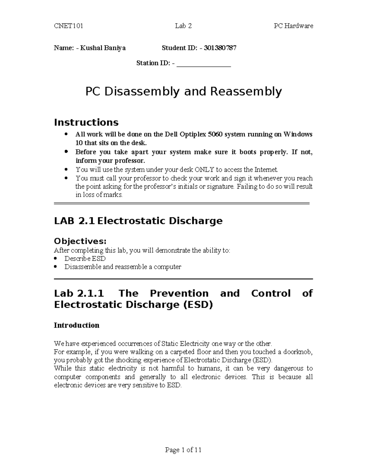 LAB 2 - PC Disassembly and Reassembly - Name: - Kushal Baniya Student ...