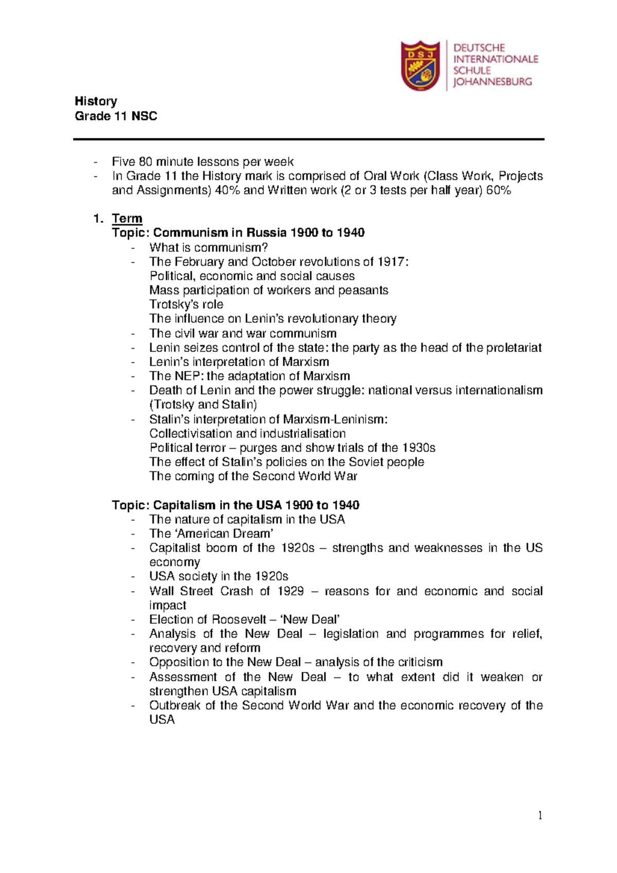 History Grade 11 NSC - Comprehensive Lesson Notes on Key Topics - Studocu