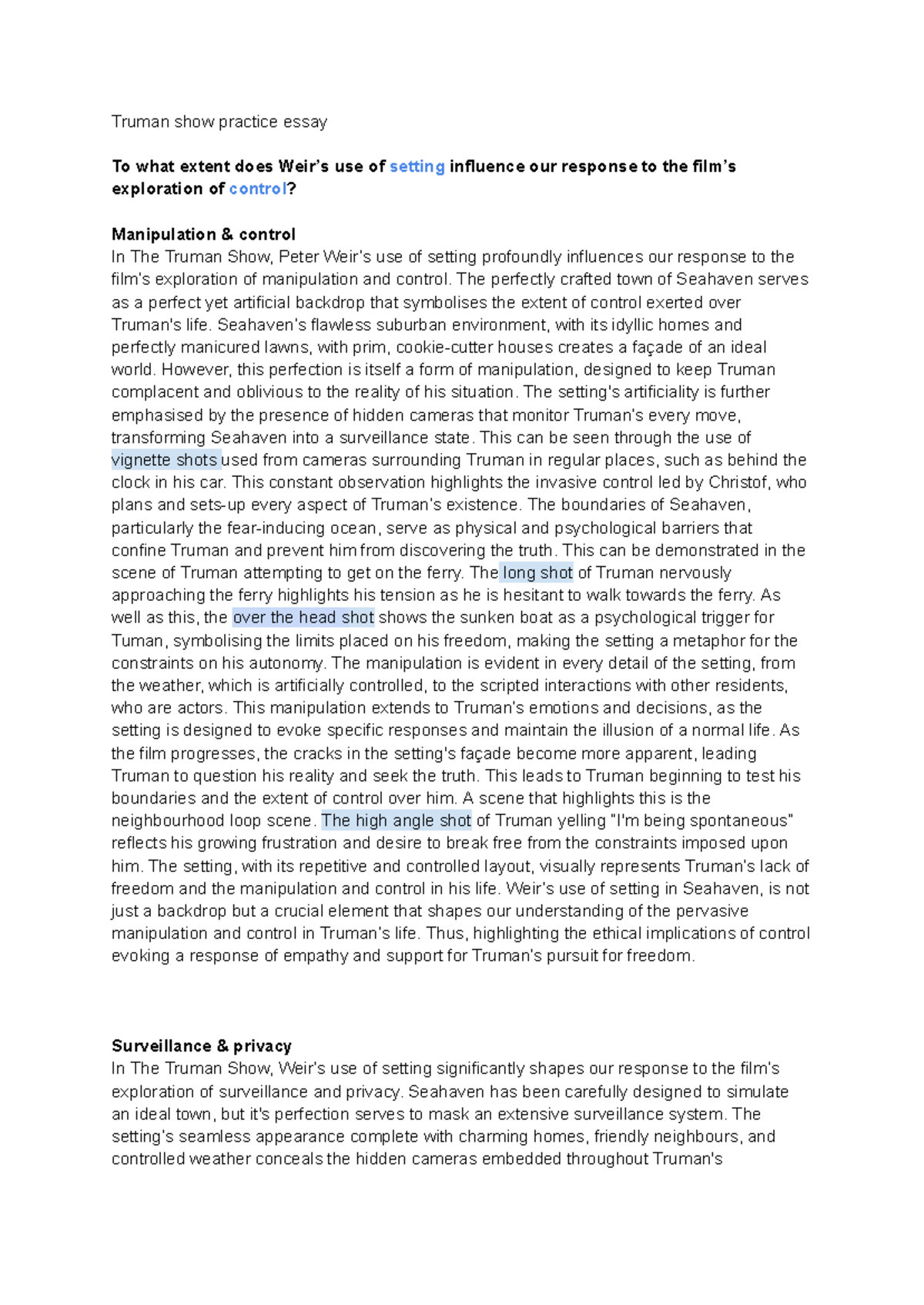 THEA 101 - The Truman Show Practice Essay: Themes & Analysis - Studocu