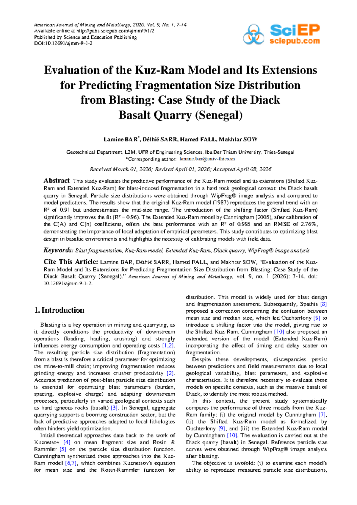 Evaluation of Kuz-Ram Model for Fragmentation Prediction: Case Study of ...