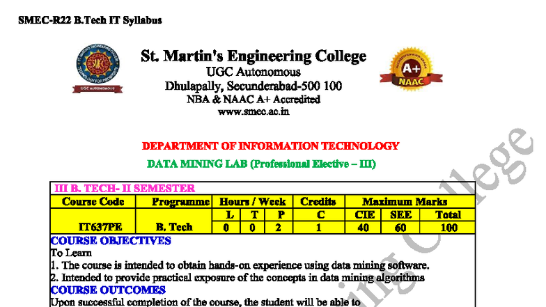 IT637PE Data Mining Lab Syllabus - B. Tech II Semester - Studocu