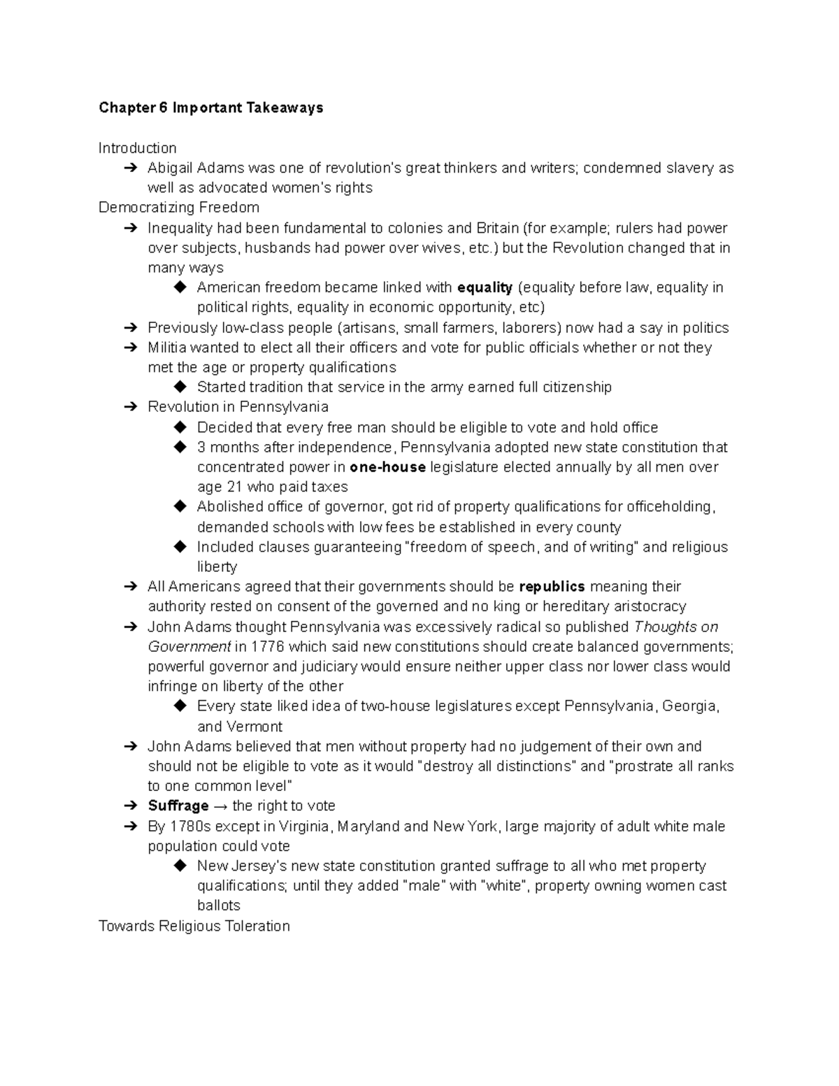 APUSH Ch 6: Notes on Democratizing Freedom & Religious Tolerance - Studocu