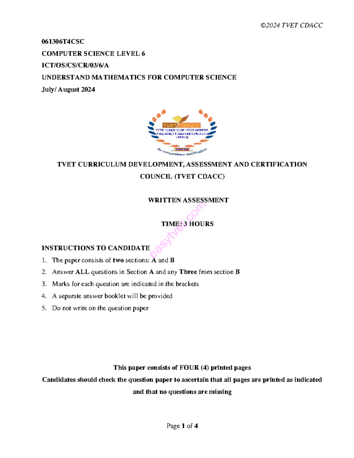 TVET CDACC 061306T4CSC Computer Science Level 6: Maths for CS Exam Prep ...