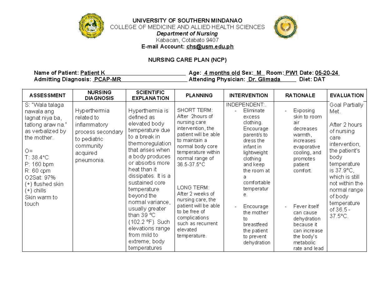 NCP Case Study - Nursing Care Plan for Patient with PCAP-MR - Studocu