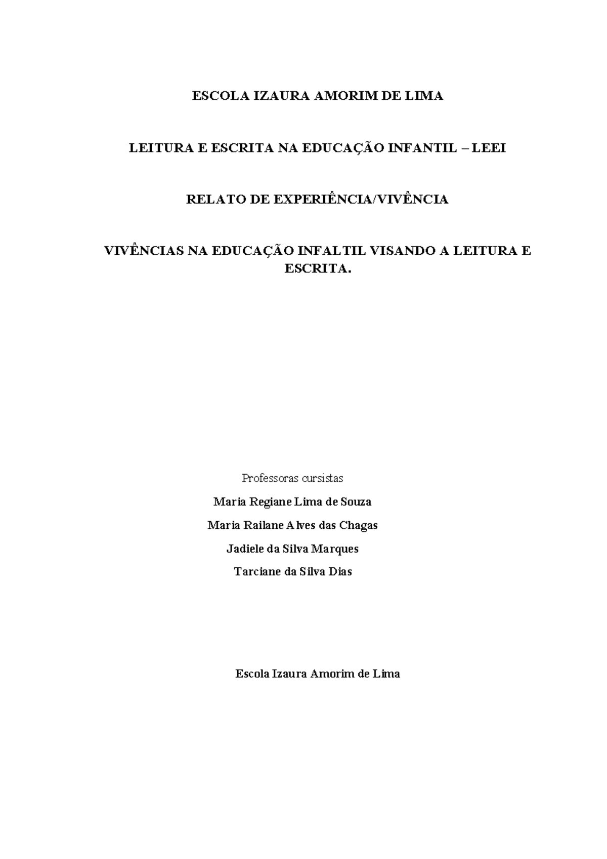 Relato de Experiência do Programa LEEI na Educação Infantil - Studocu