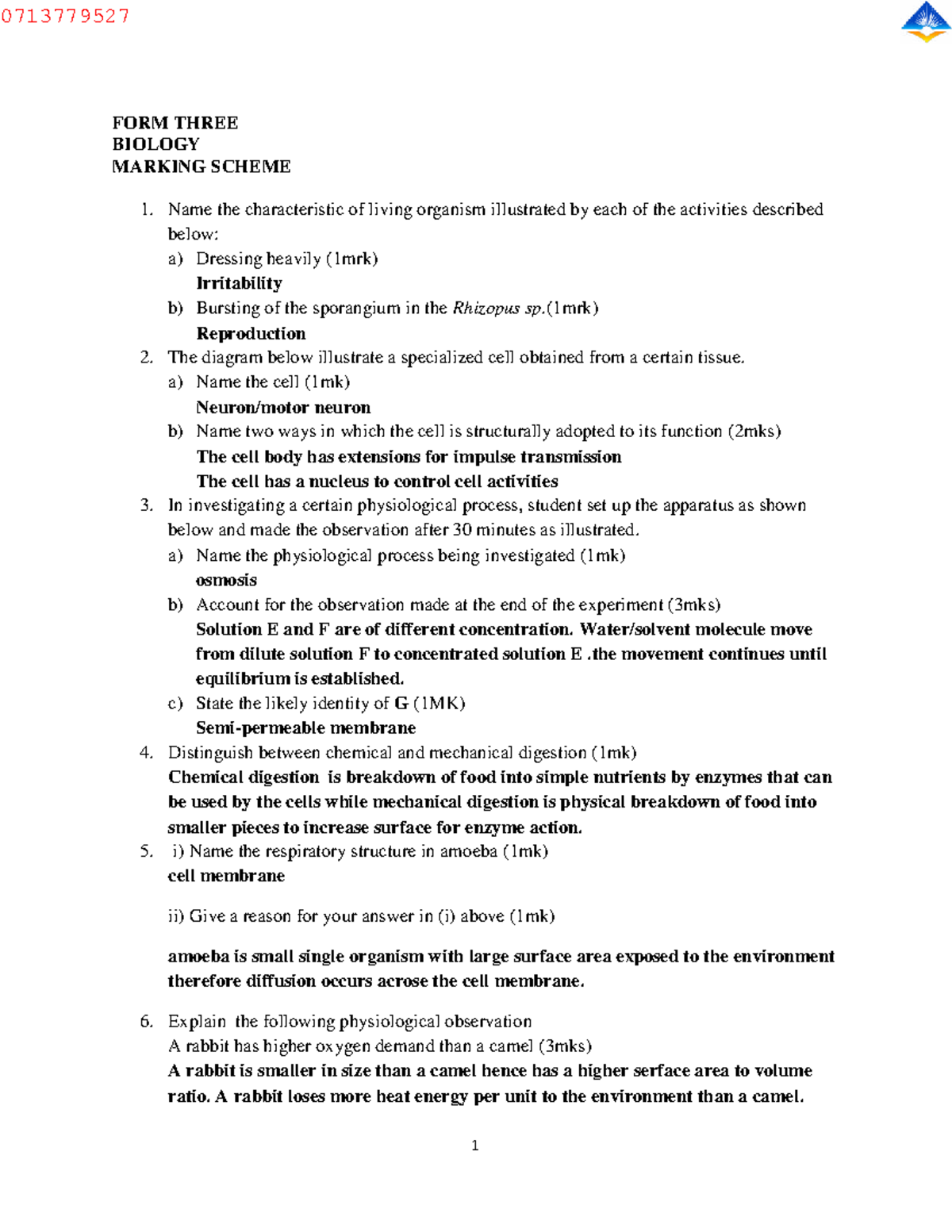 0713779527 FORM THREE BIOLOGY MARKING SCHEME NOTES - Studocu