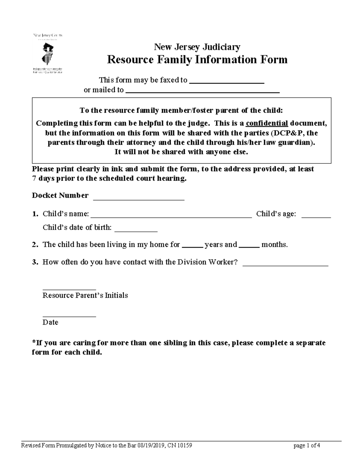 New Jersey Judiciary Resource Family Info Form (CN 10159) - Studocu