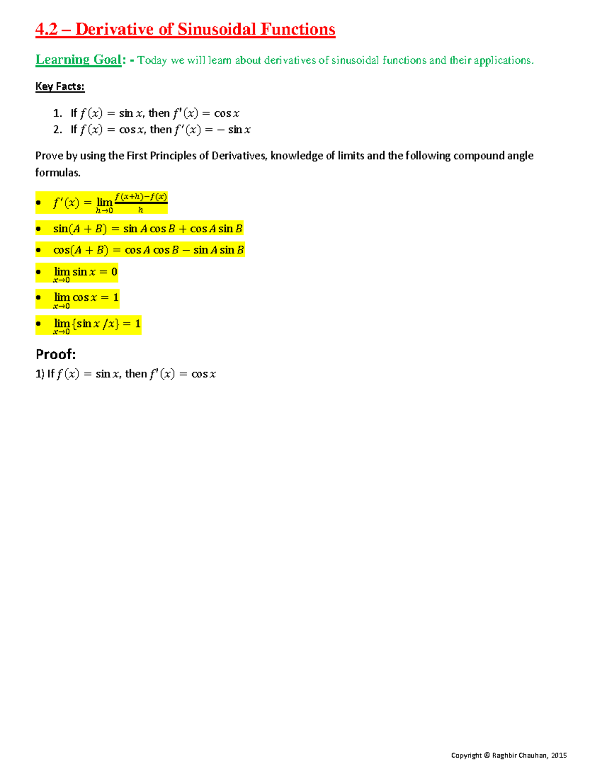 4.2 Lesson on Derivatives of Sinusoidal Functions and Applications ...