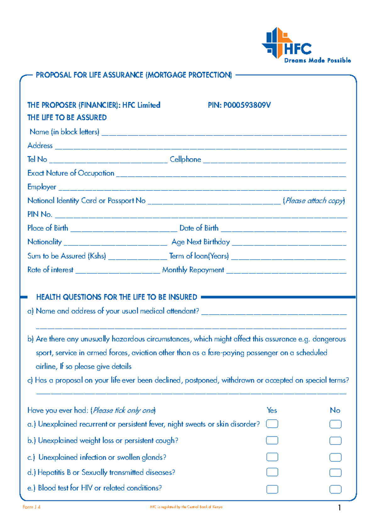 Life Assurance Proposal for Mortgage Protection (HFC Limited) - Studocu