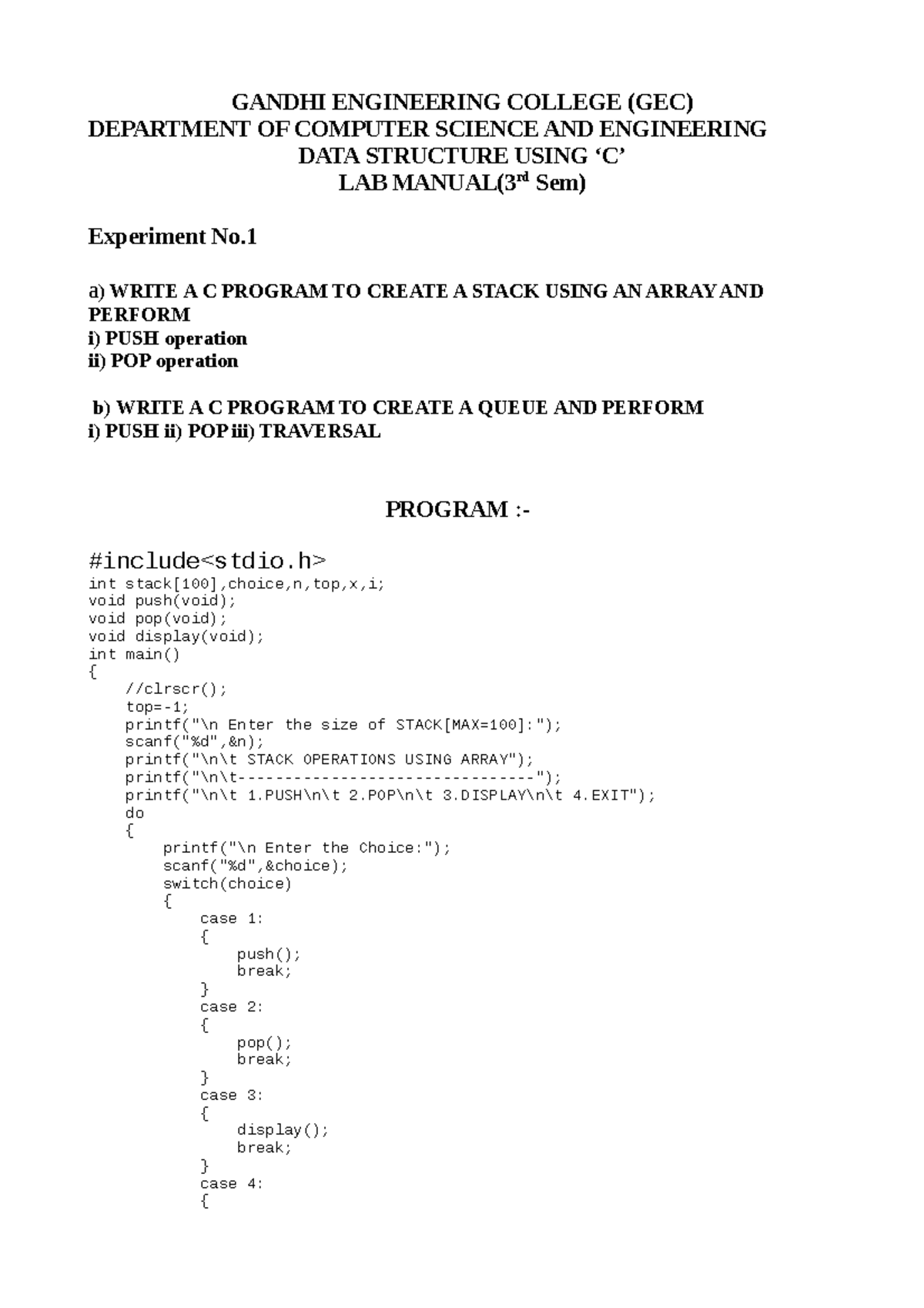 Data Structure Lab Manual (3rd Sem) - Stack and Queue Operations - Studocu