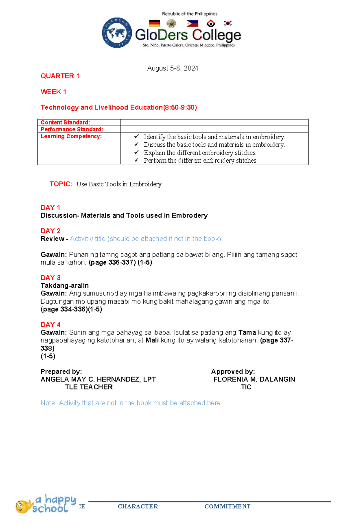 TLE 1st quarter lesson plan: Basic tools in embroidery - Studocu