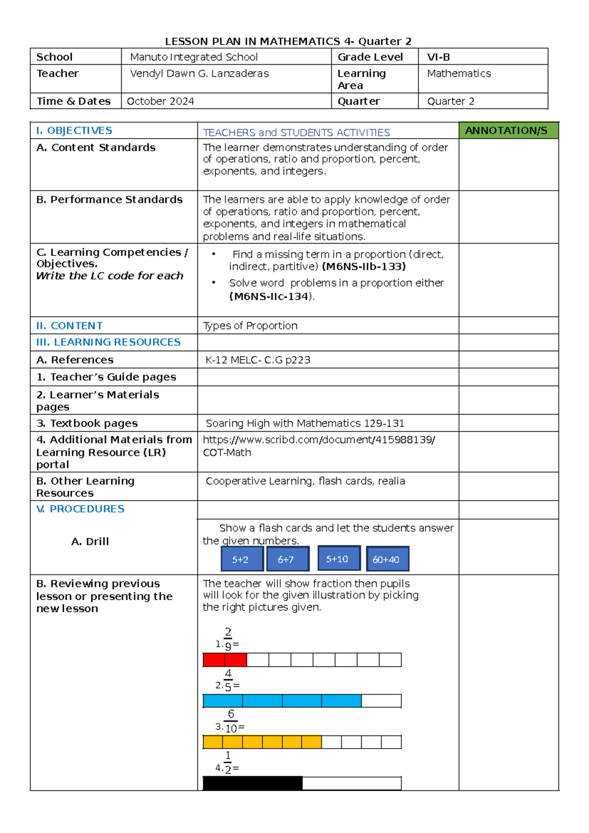 COT-2024: Mathematics Lesson Plan for Quarter 2 - Studocu