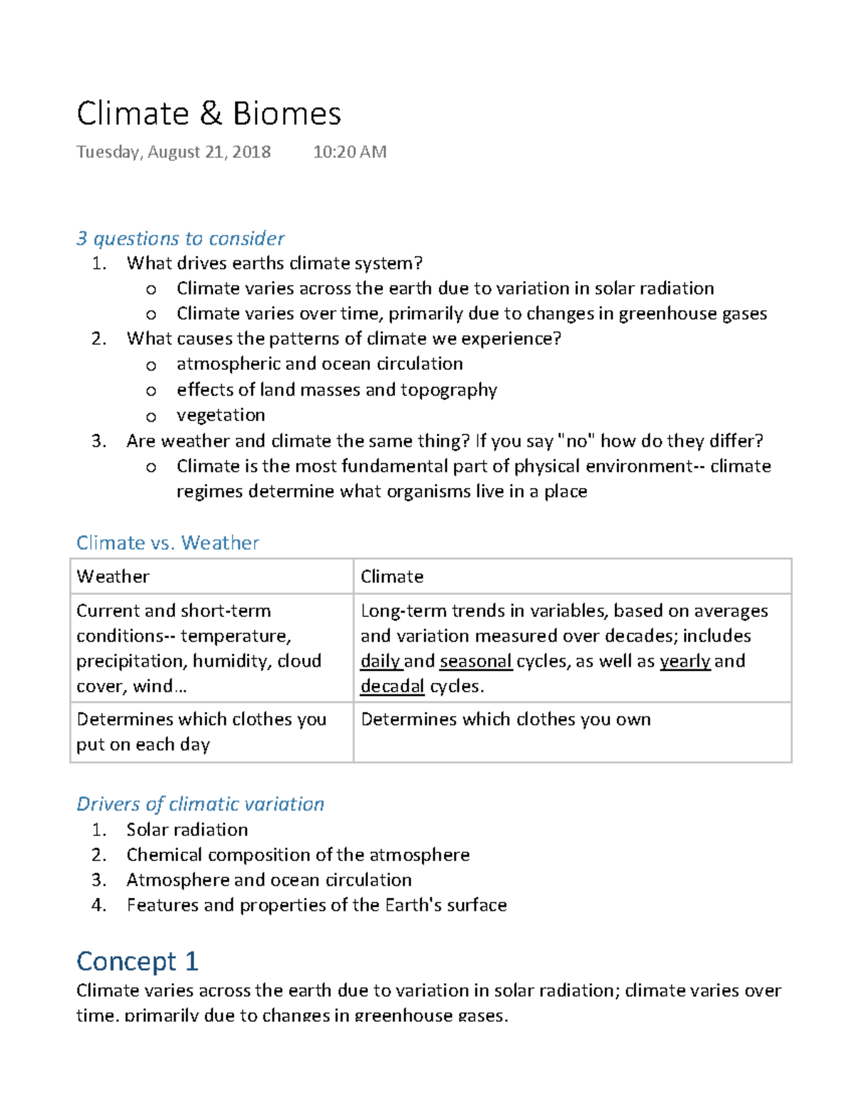 Climate & Biomes - Lecture notes 2 - Climate Biomes Tuesday, August 21 ...
