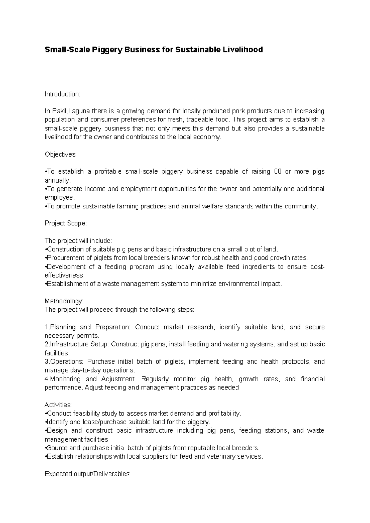 Small-Scale Piggery Project Concept for Sustainable Livelihood - Studocu