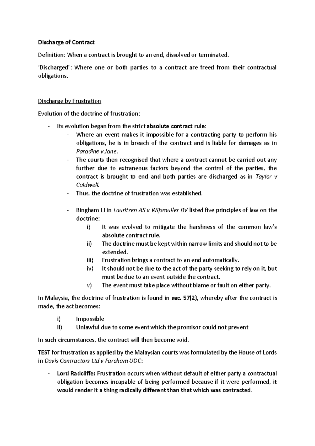 Contract Notes Discharge of Contracts - Discharge of Contract ...