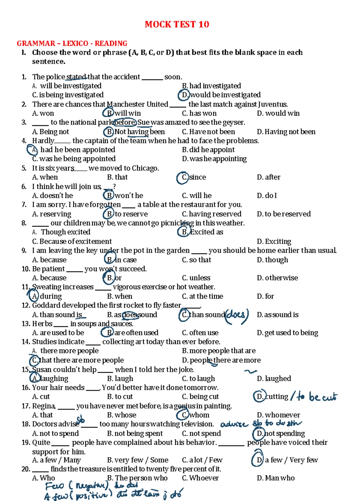MOCK TEST 10: GRAMMAR, LEXICO, AND READING EXERCISES - Studocu