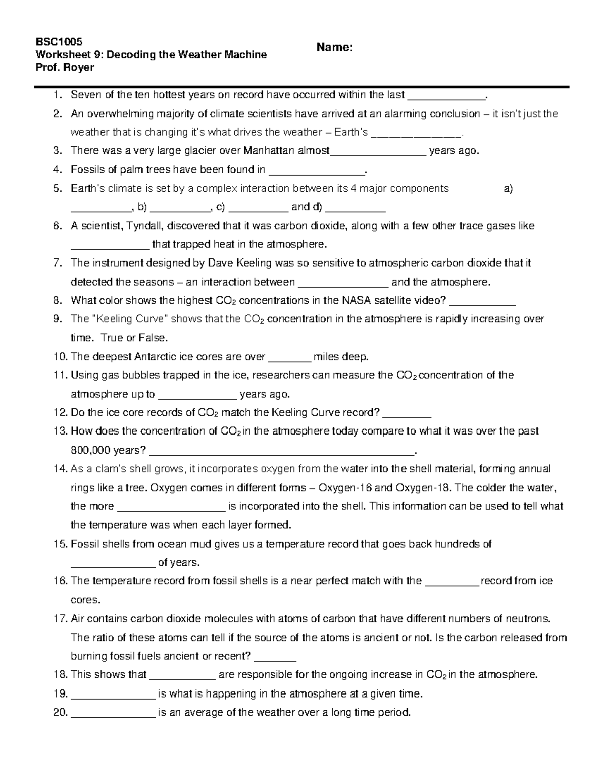 BSC1005 Worksheet 9: Analyzing the Weather Machine Dynamics - Studocu