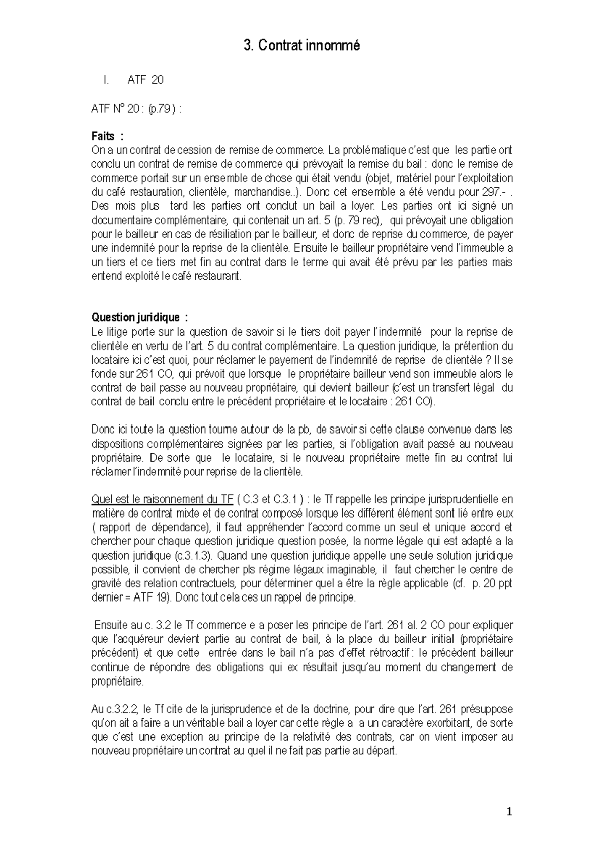 Analyse du Contrat Innomé et Jurisprudence (ATF 20) - Studocu