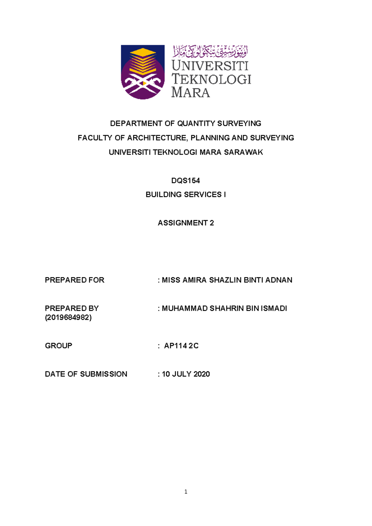 DQS154 Assignment 2 - No desc - DEPARTMENT OF QUANTITY SURVEYING ...