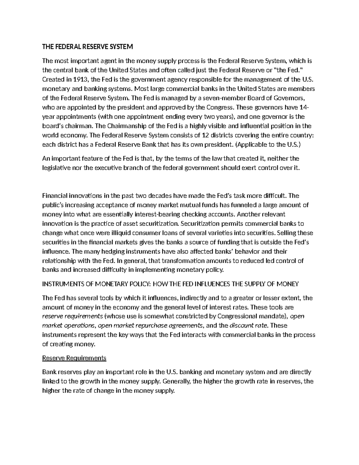 The Federal Reserve System: Key instruments and monetary policy ...