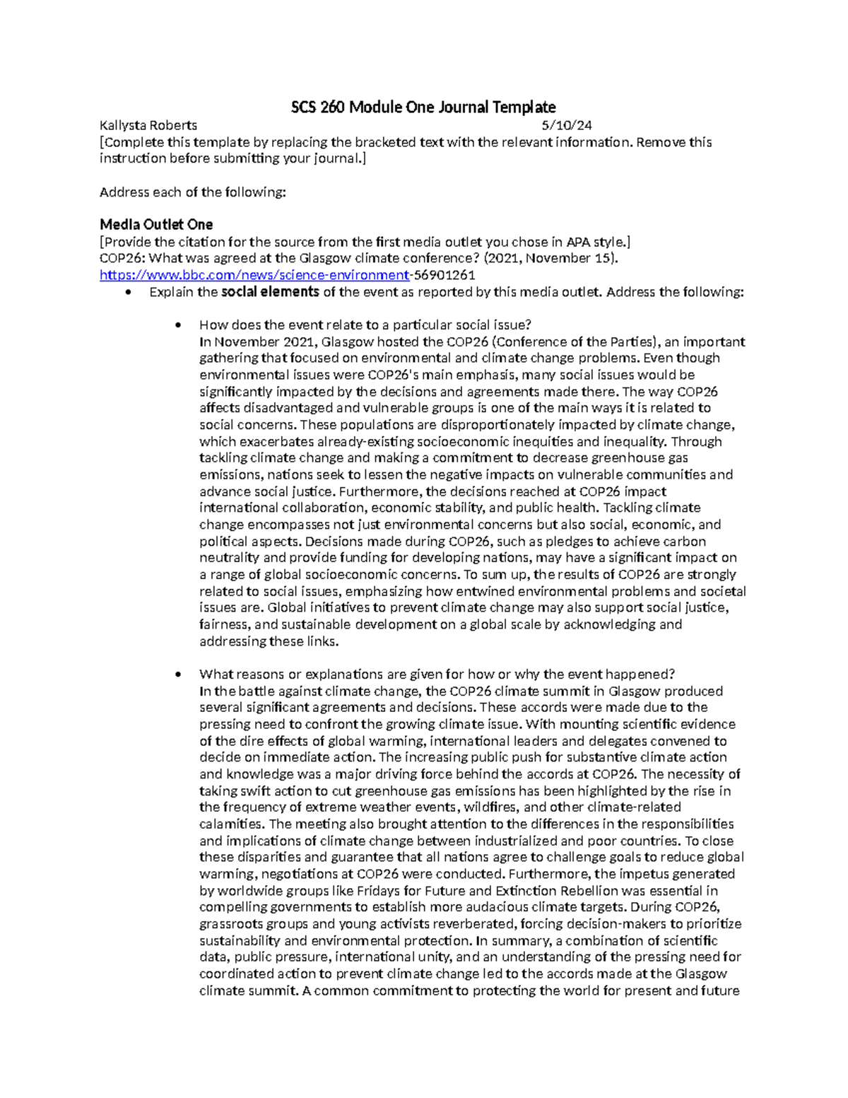 SCS 260 Module One Journal Entries on COP26 Climate Conference - Studocu