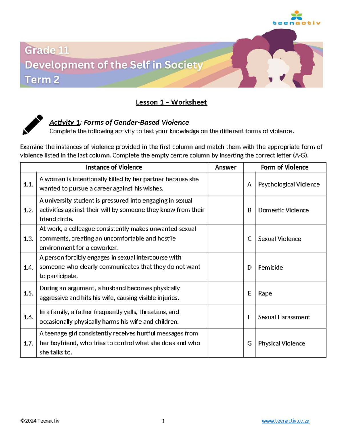 Lesson 1 Worksheet: Understanding Forms of Violence Activity - Studocu