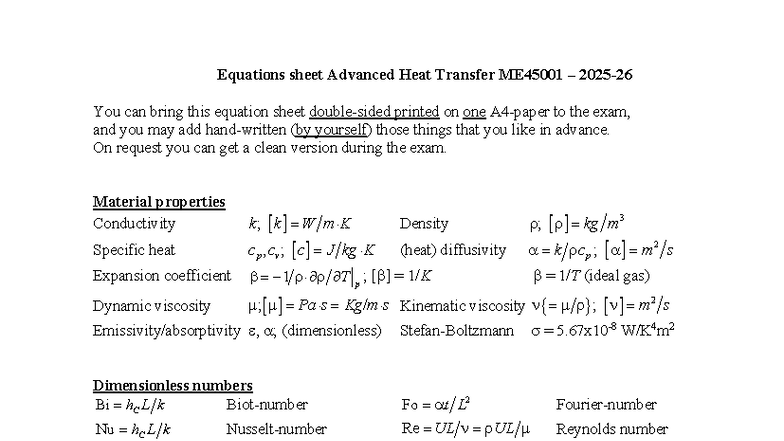 Equations Sheet for Advanced Heat Transfer ME45001 - Studeersnel