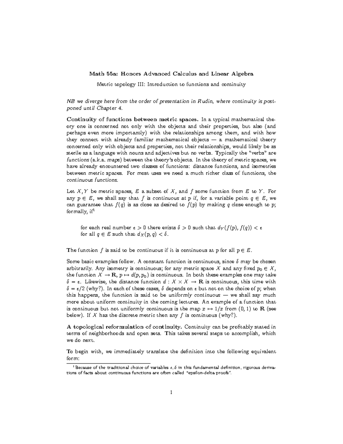 Math 55a: Honors Advanced Calculus & Linear Algebra - Functions ...