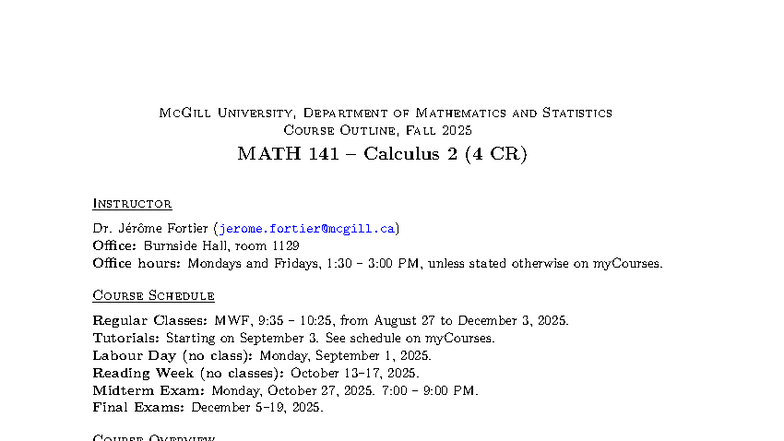 MATH 141 Course Outline: Calculus 2 Syllabus, Fall 2025 - Studocu