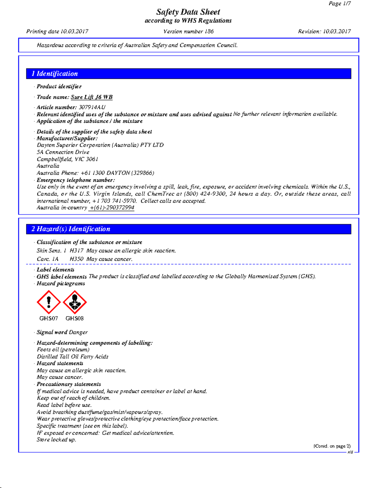 HDS SURE LIFT J6 WB - HDS - Safety Data Sheet according to WHS ...