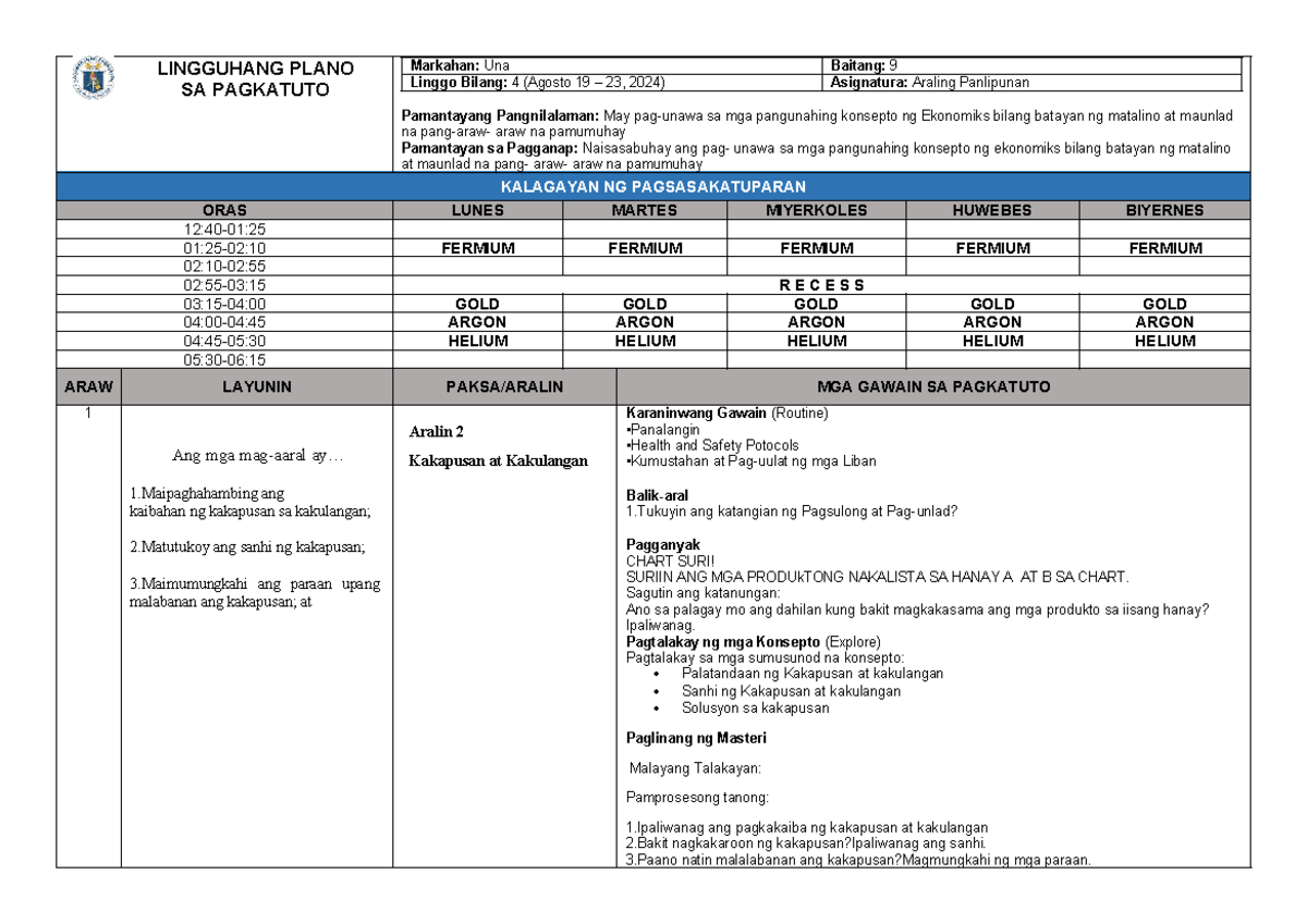 WB AP 9 Q1 Week 4 WLP - Aralin sa Ekonomiks at Kakapusan - Studocu