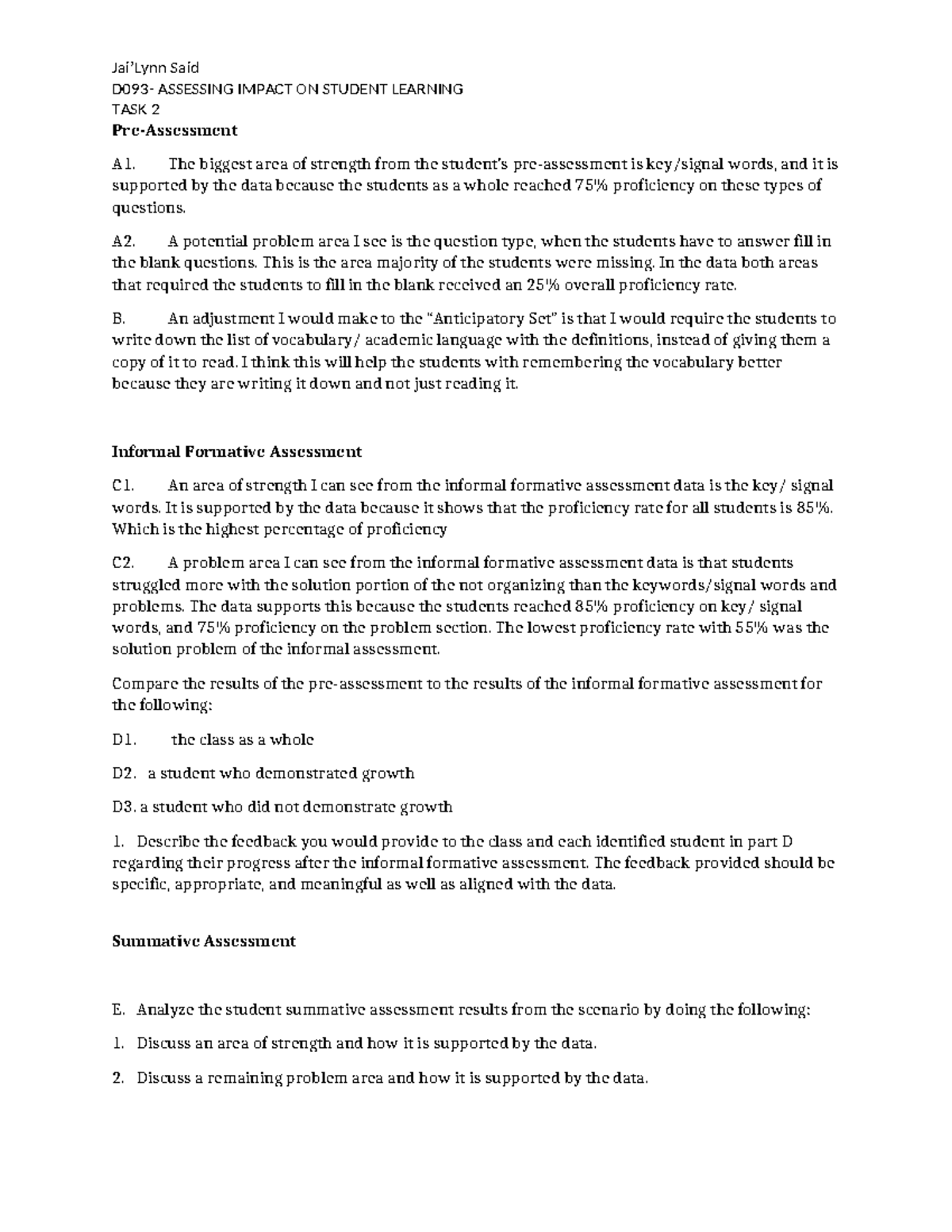 D093 ASSESSING IMPACT ON STUDENT LEARNING TASK 2 Analysis - Studocu