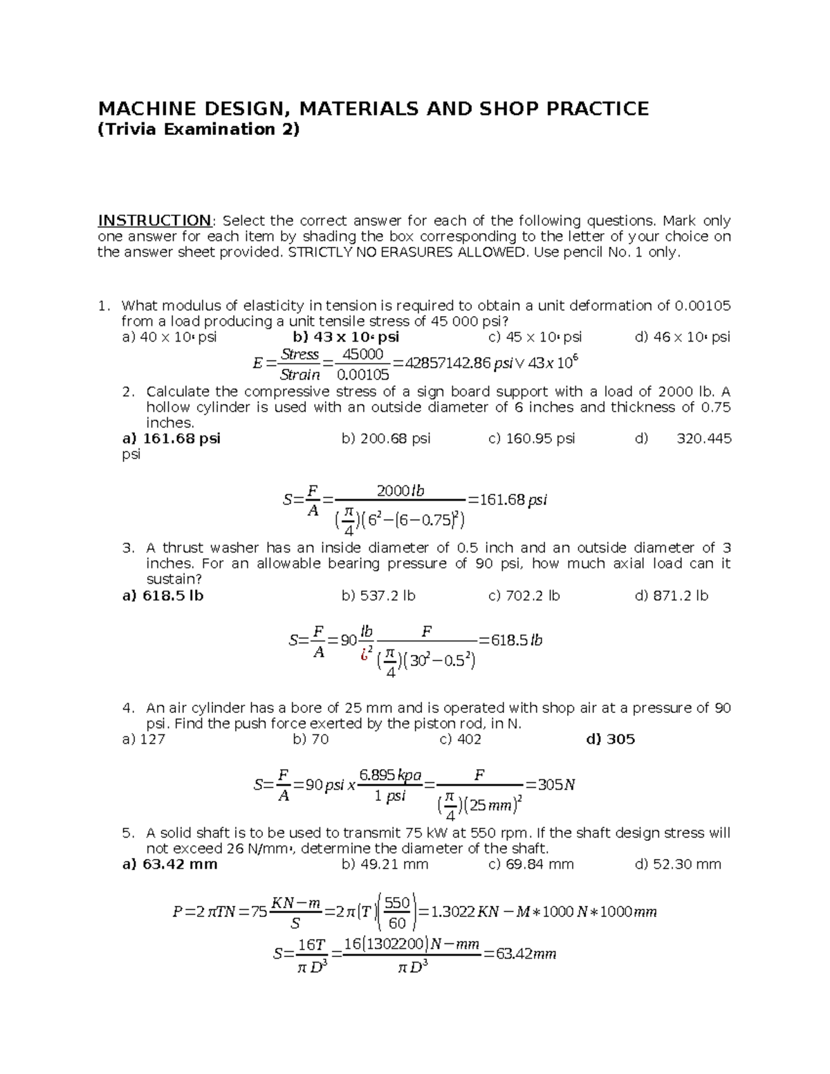 MACHINE DESIGN (MD 2) Trivia Exam Questions by Engr. Jose R. Francisco - Studocu