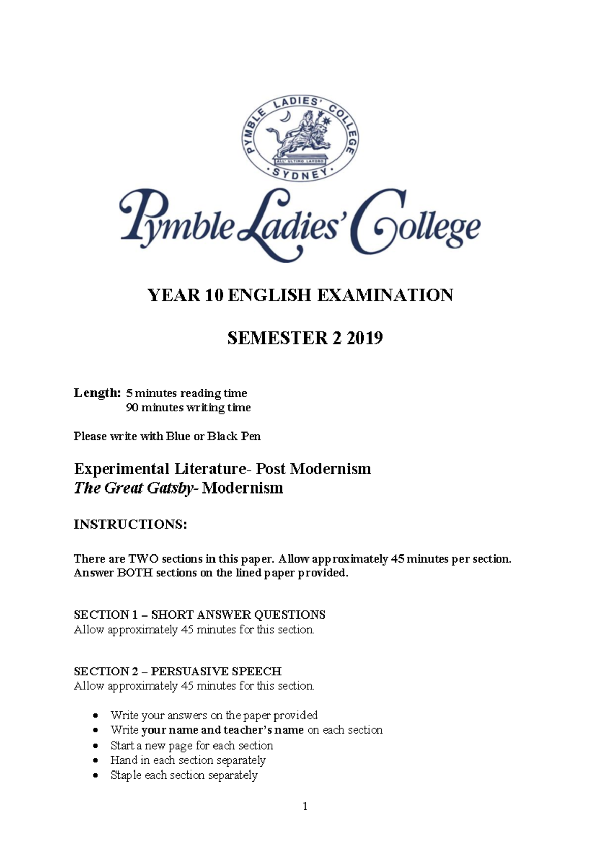 YEAR 10 ENGLISH SEMESTER 2 EXAMINATION 2019: Short Answer & Speech ...