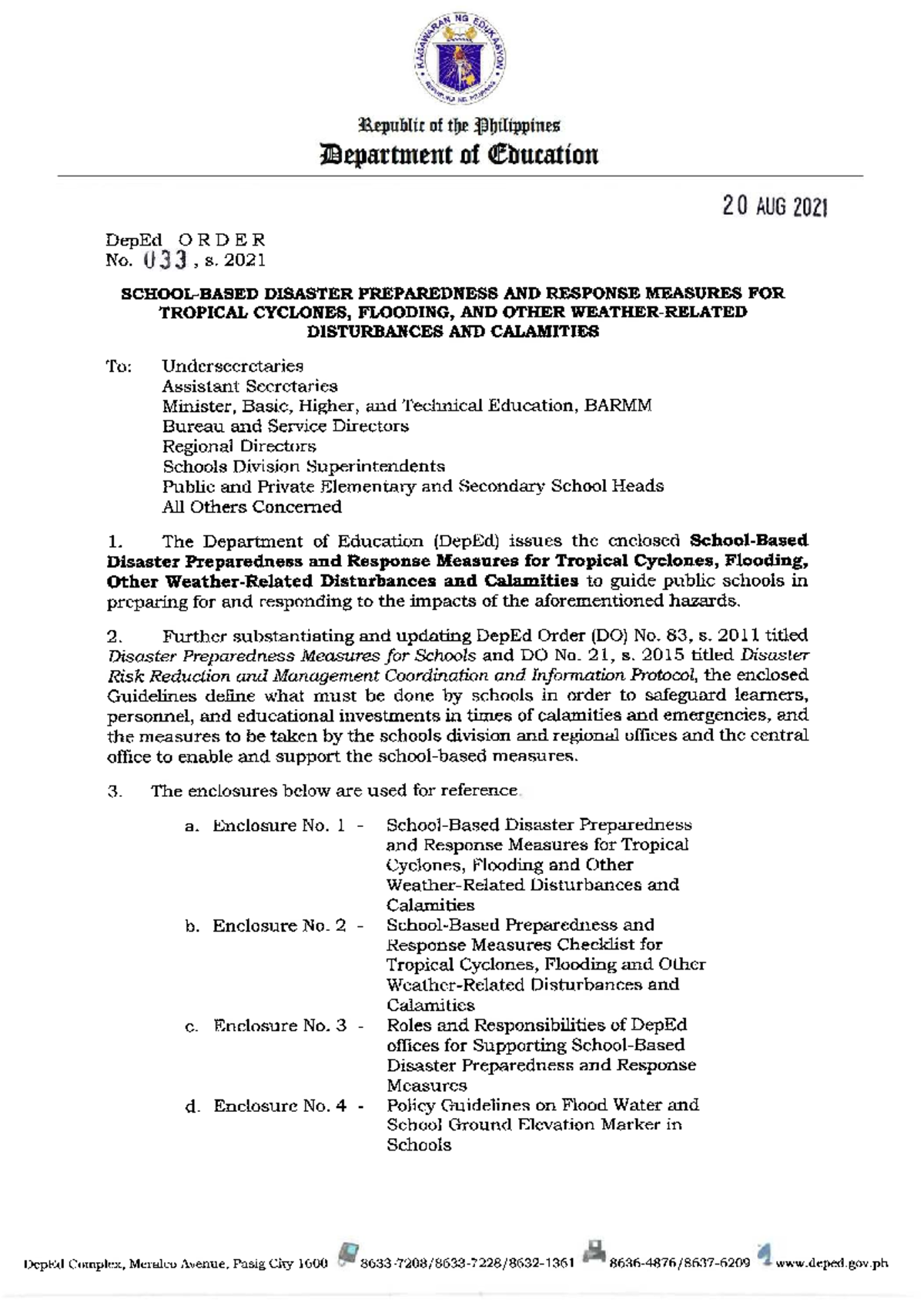DepEd Order No. 033, S. 2021: Disaster Preparedness for Schools - Studocu