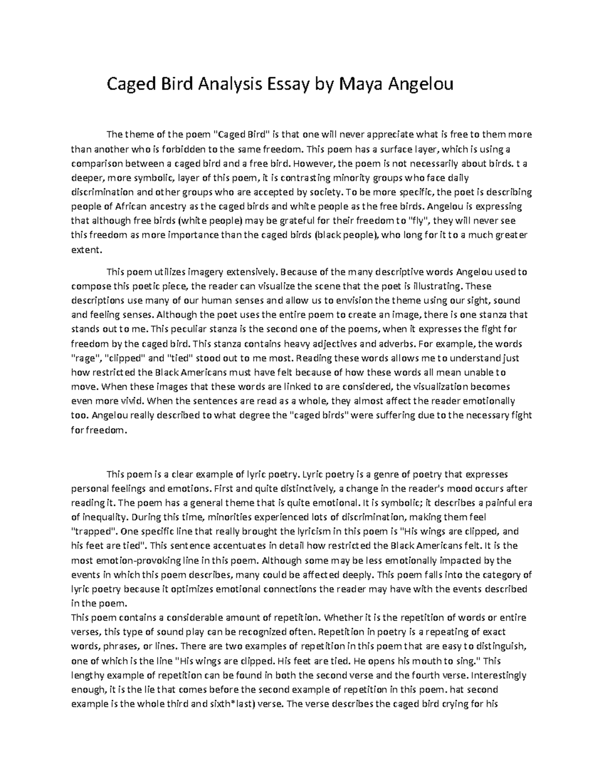 Maya Angelou's "Caged Bird" Essay Analysis and Interpretation - Studocu