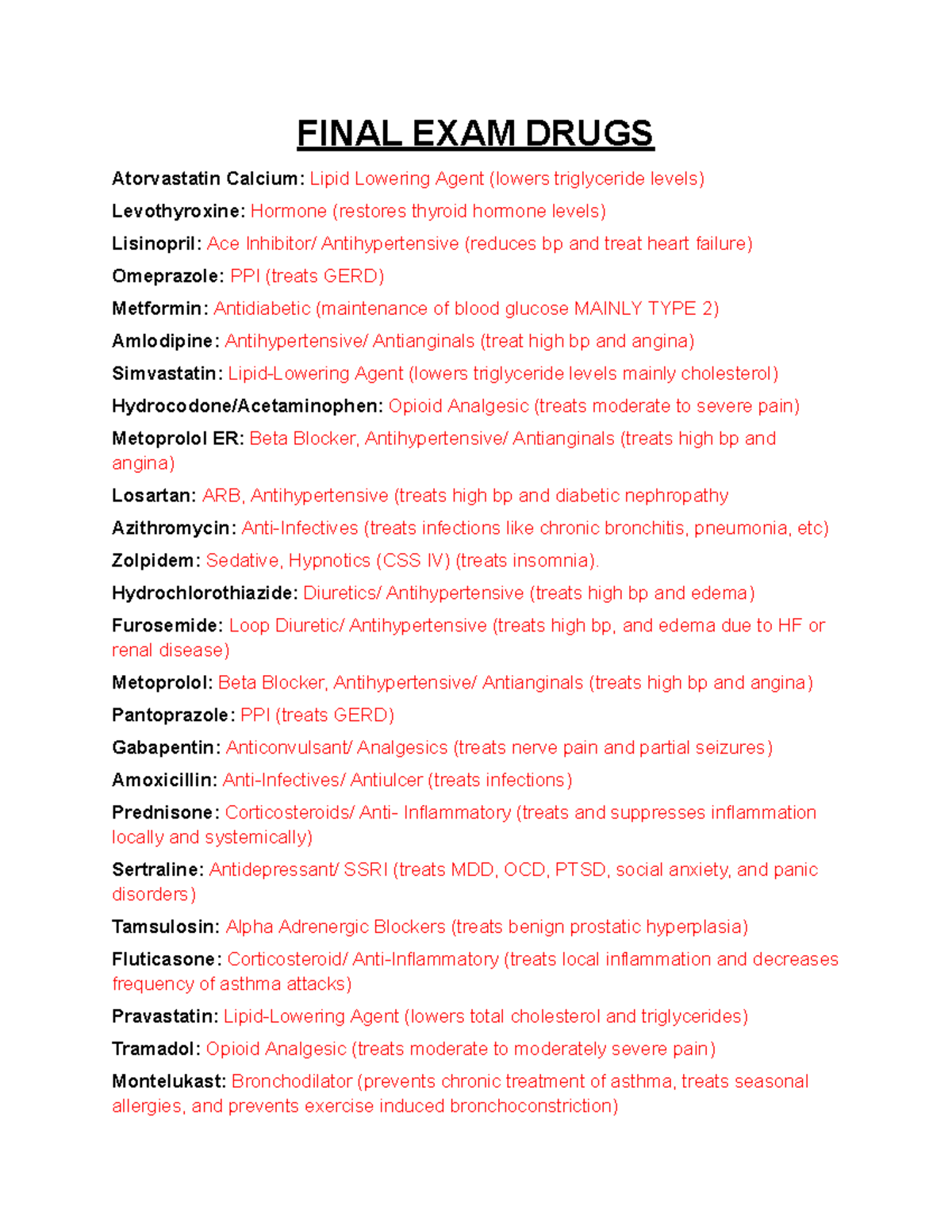 Final Exam Drug List for Pharmacology Course: Key Medications - FINAL ...