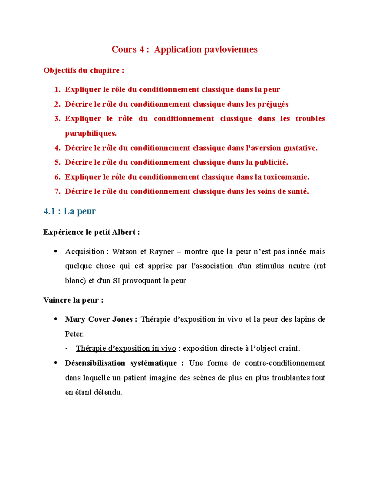 Cours 4 : Application du Conditionnement Classique en Psychologie - Studocu