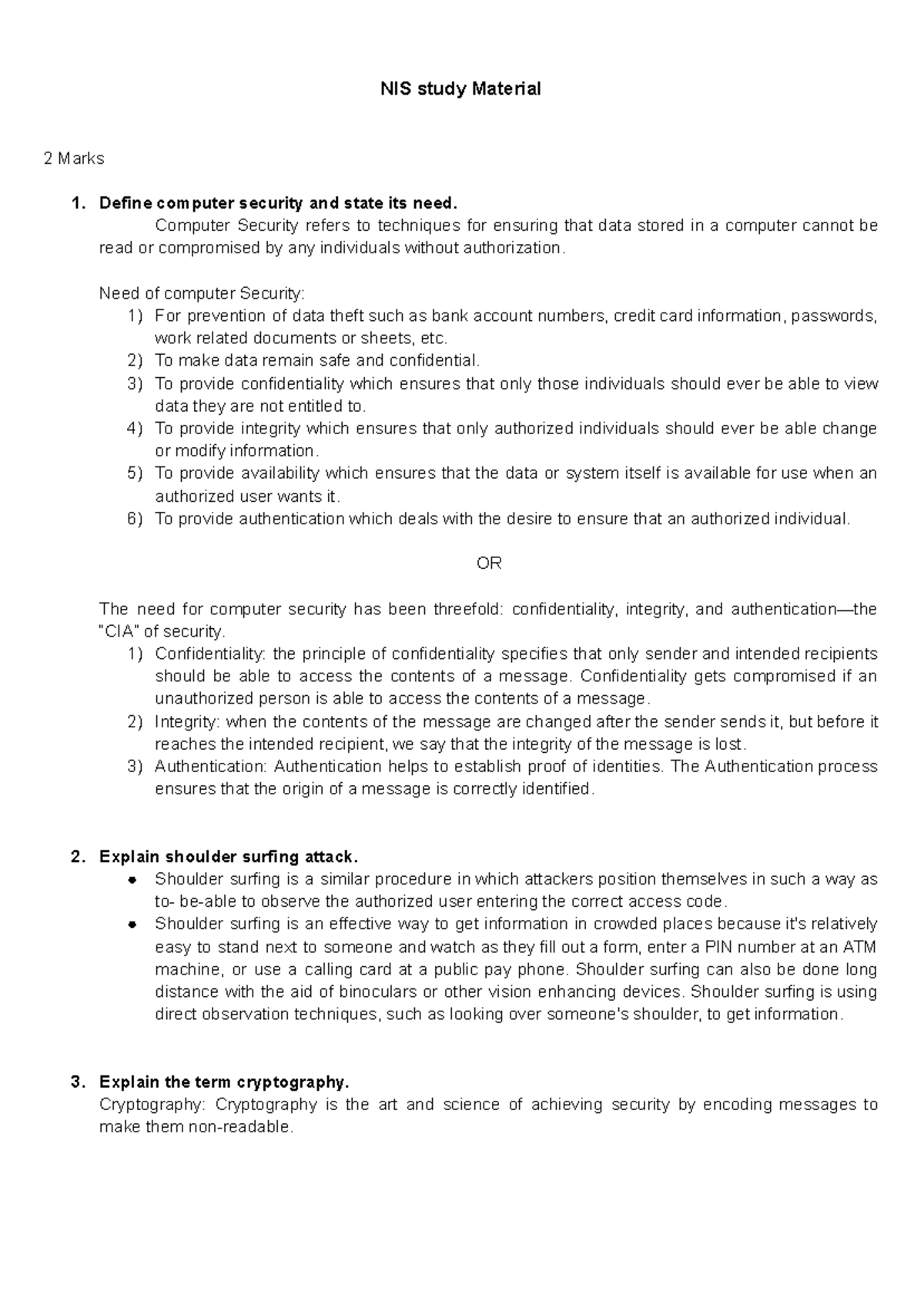 NIS Study Material: Computer Security Concepts and Techniques - Studocu