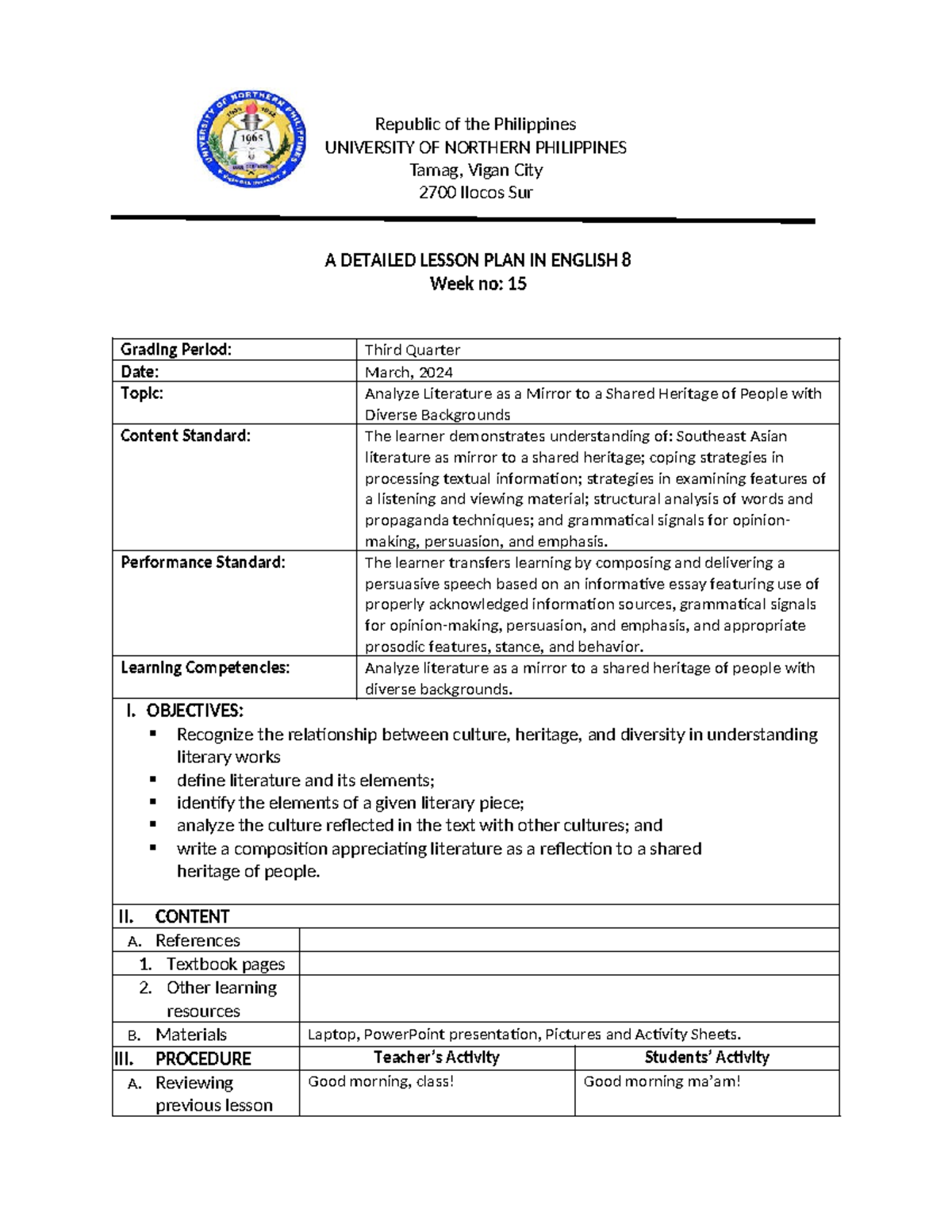 Detailed Lesson Plan for English 8: Analyzing Literature & Heritage ...
