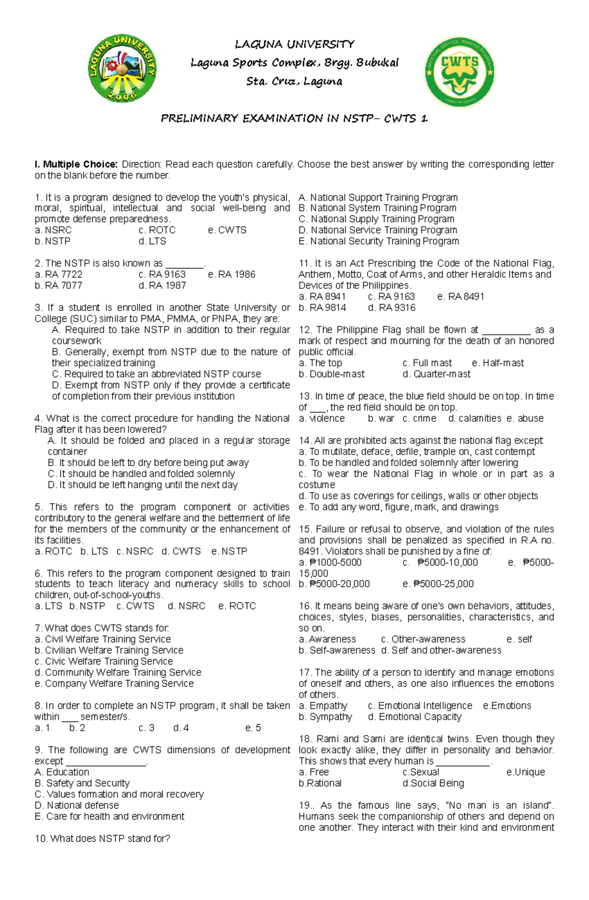 CWTS 1 Preliminary Exam Review - Laguna University - Studocu