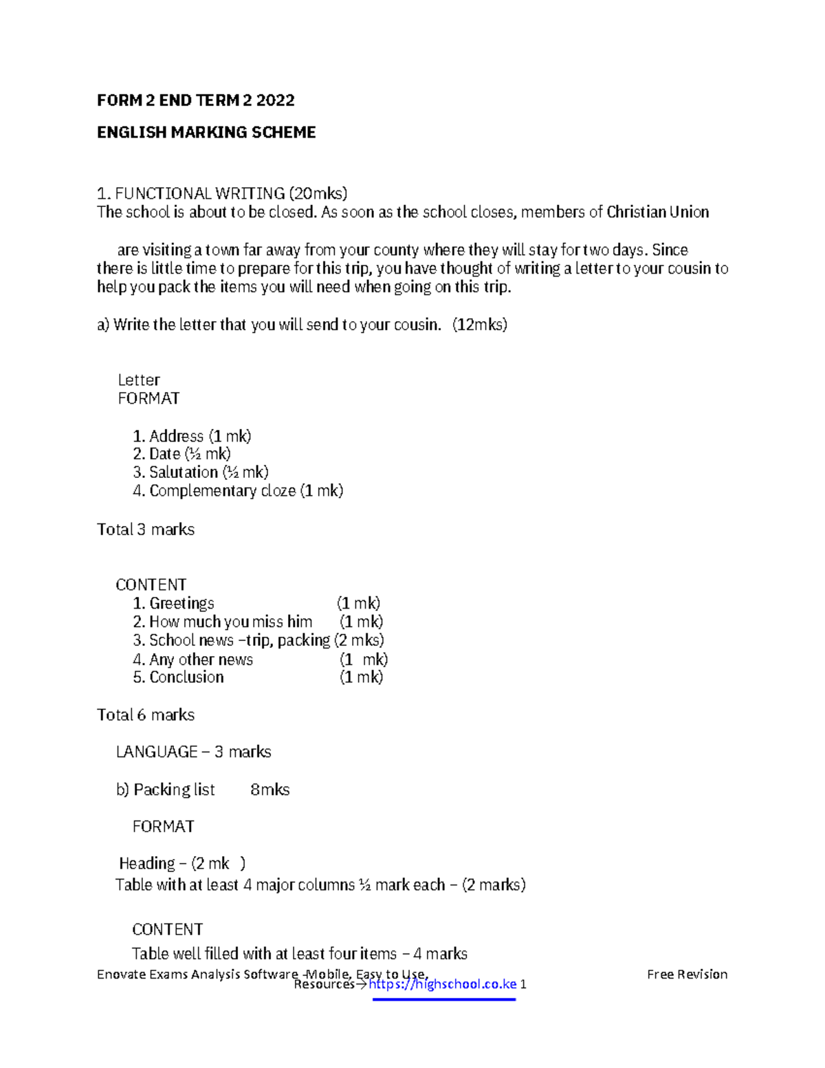 English Form 2 Term 2 2022 Exam Marking Scheme & Guidelines - Studocu
