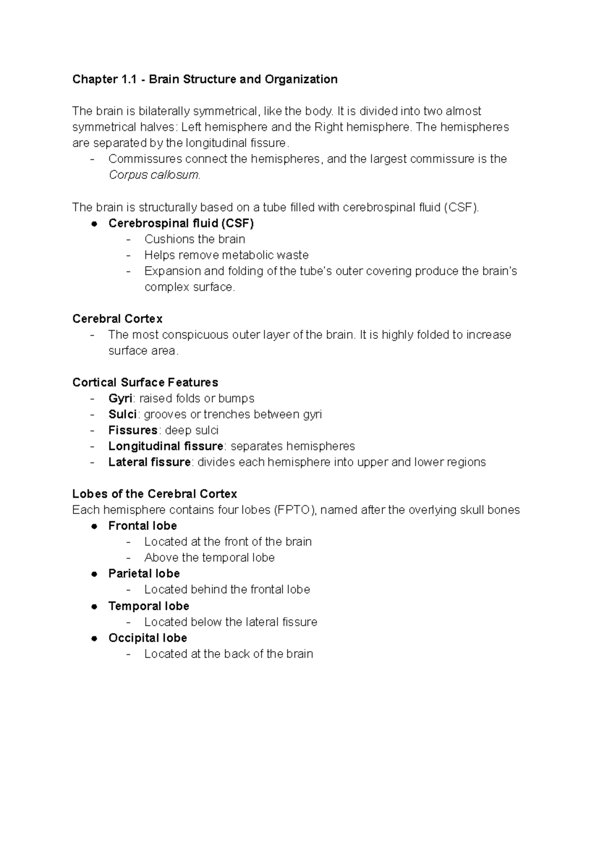 Chapter 1.1 - Overview of Brain Structure and Organization - Studocu