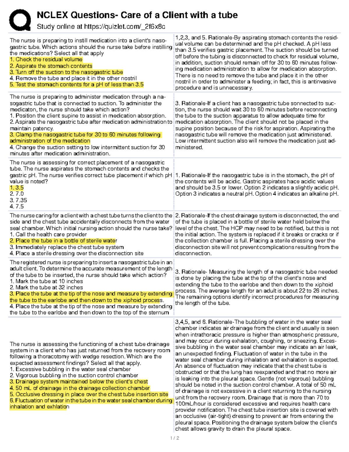 NCLEX RLE Exam 7: Care of Clients with Nasogastric & Chest Tubes - Studocu