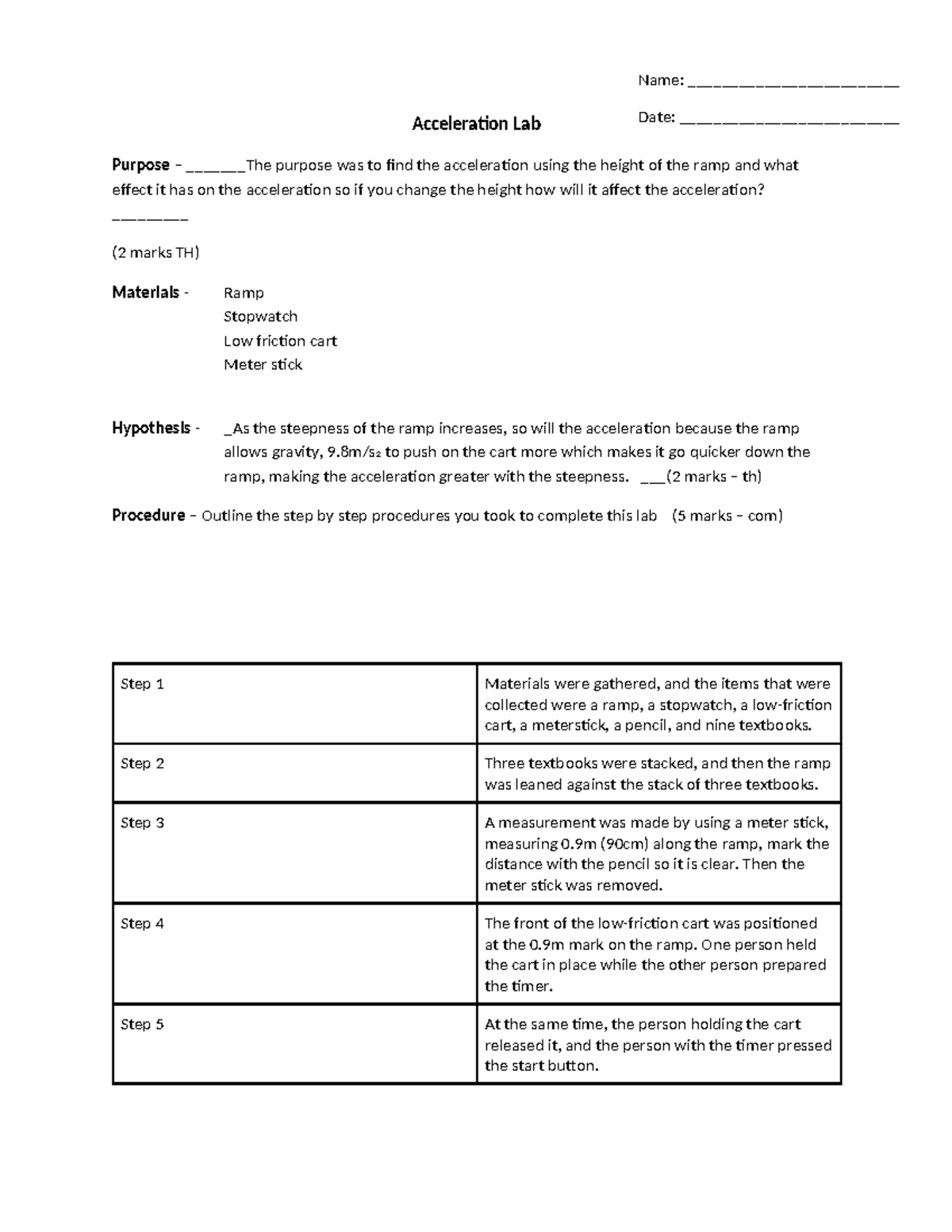 Acceleration lab report: Investigating the effect of ramp height on ...