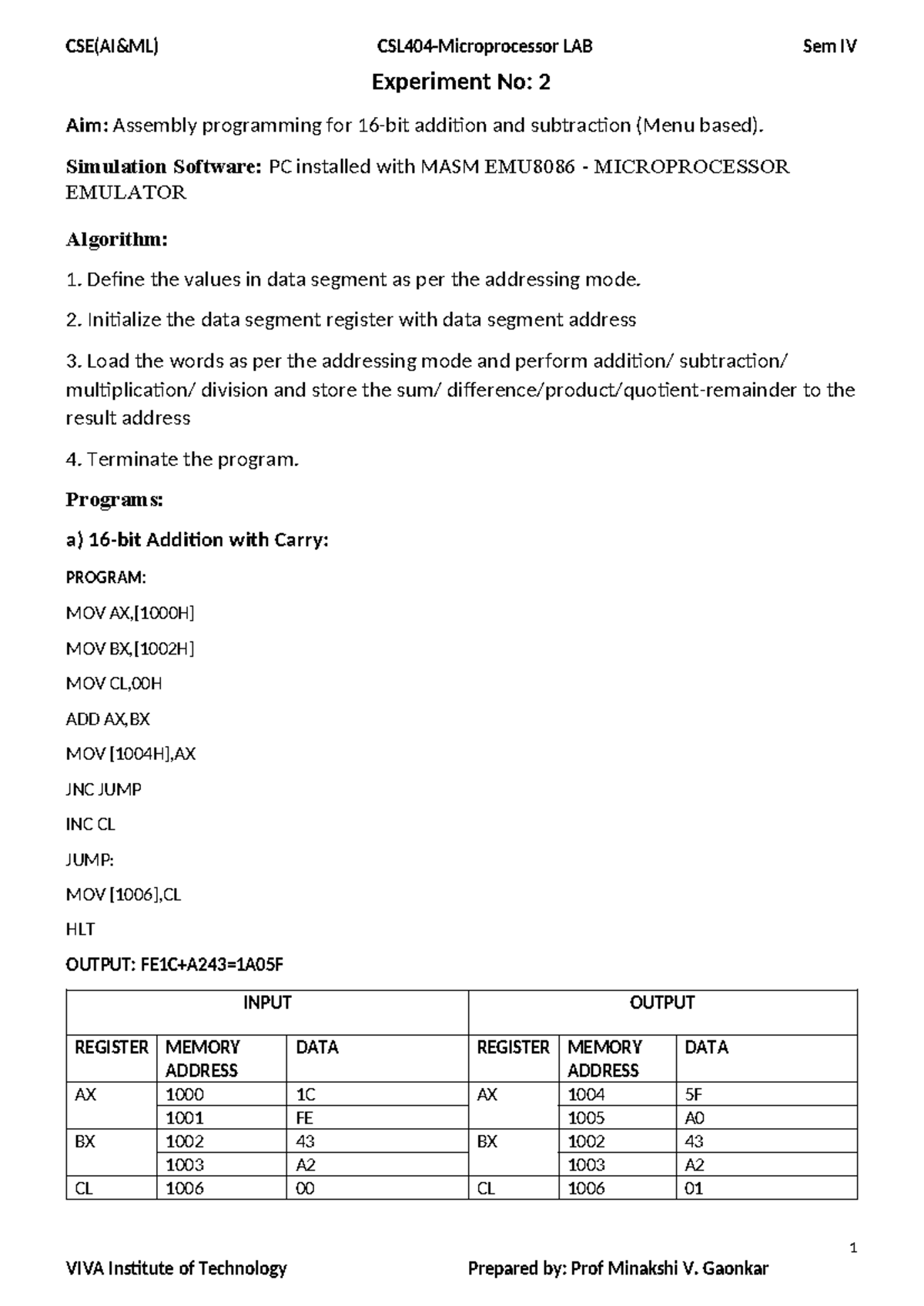 Experiment 2: Assembly Programming for 16-bit Addition & Subtraction - Studocu